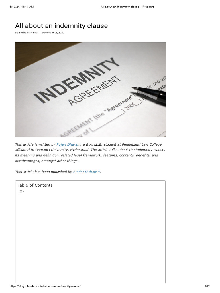 All About An Indemnity Clause - Ipleaders | PDF | Indemnity | Guarantee