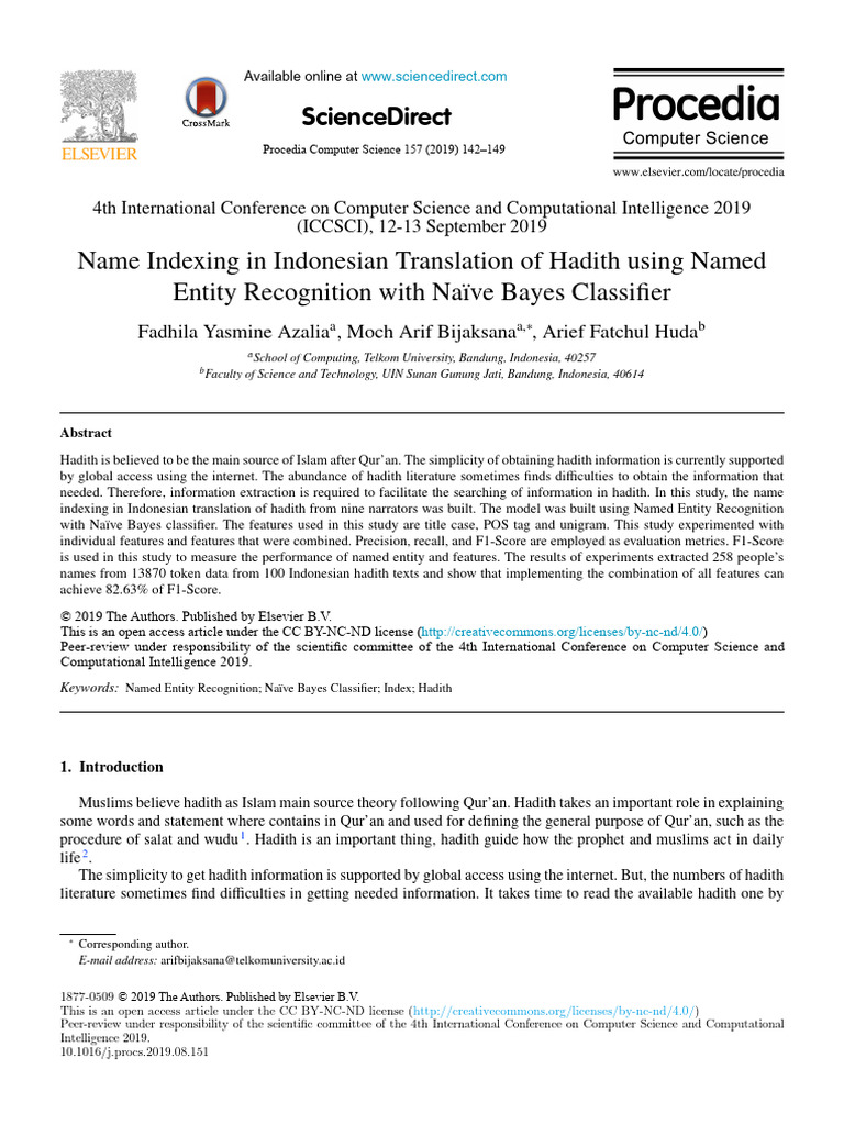 Name Indexing in Indonesian Translation of Hadith Using Named Entity Recognition With Naïve ...