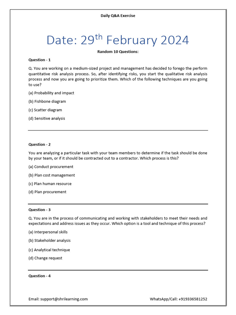 29th February - 24 - PMP Question File - Daily Q&A | PDF | Project ...