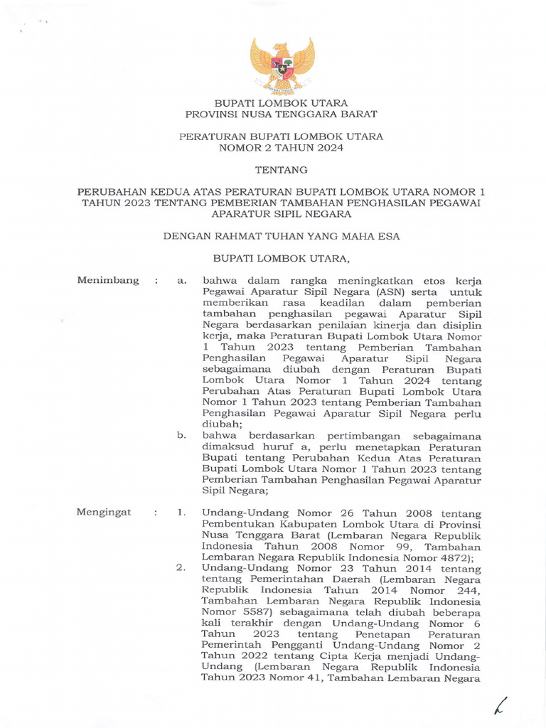 Perbup No. 2 Tahun 2024 Tentang Perubahan Kedua TPP ASN | PDF