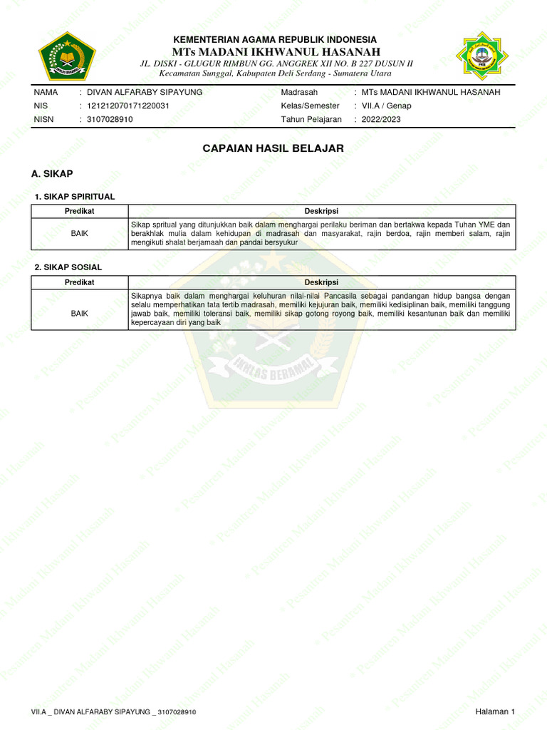 Rapor VII.A - DIVAN ALFARABY SIPAYUNG - 3107028910 | PDF