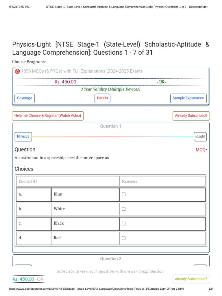 NTSE StagNTSE1 - Light (Physics) Questions 1 To 7 - DoorstepTutor | PDF ...