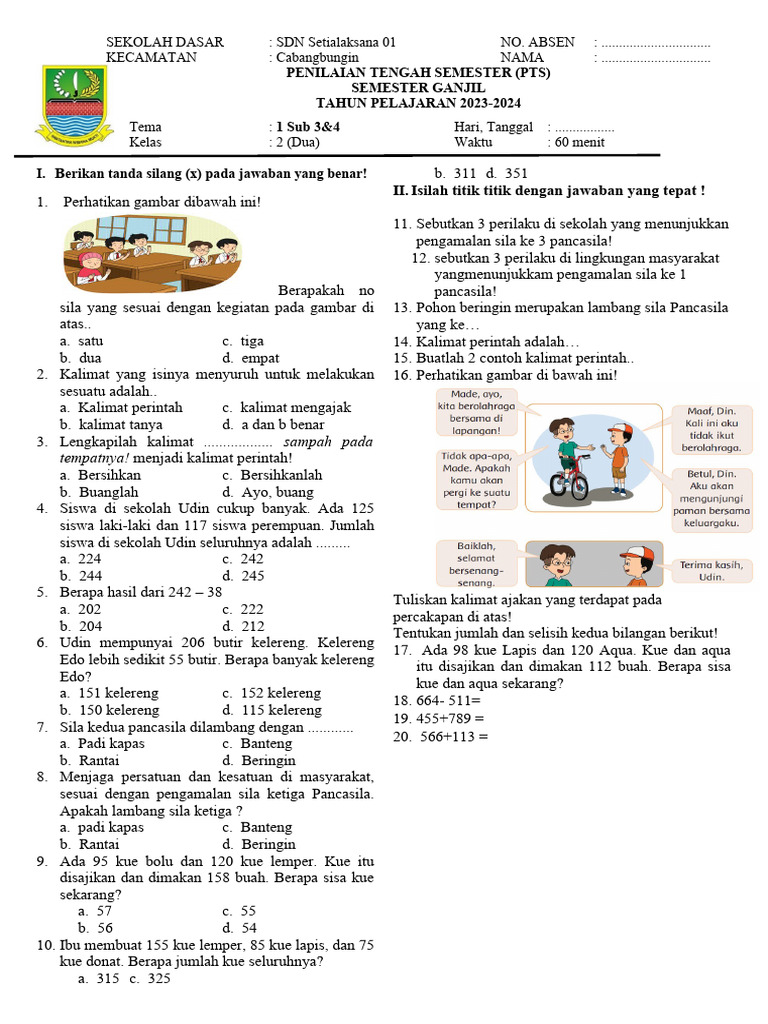 Soal PTS Kelas 2 Tema 1 Sub 3&4 | PDF