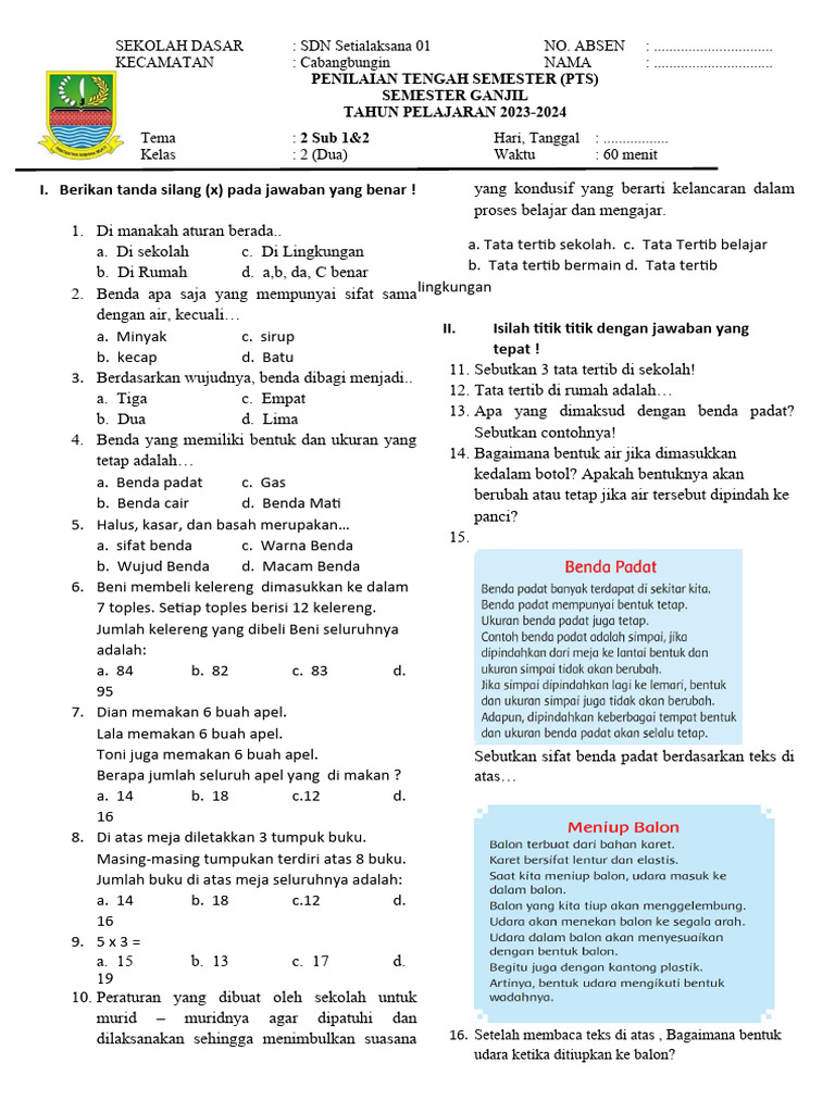 Soal PTS Kelas 2 Tema 2 Sub 1&2 | PDF
