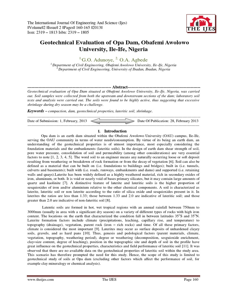 Geotechnical Evaluation of Opa Dam, Obafemi Awolowo University, Ile-Ife ...