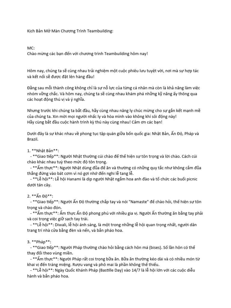 Kịch Bản Mở Màn Chương Trình Teambuilding | PDF