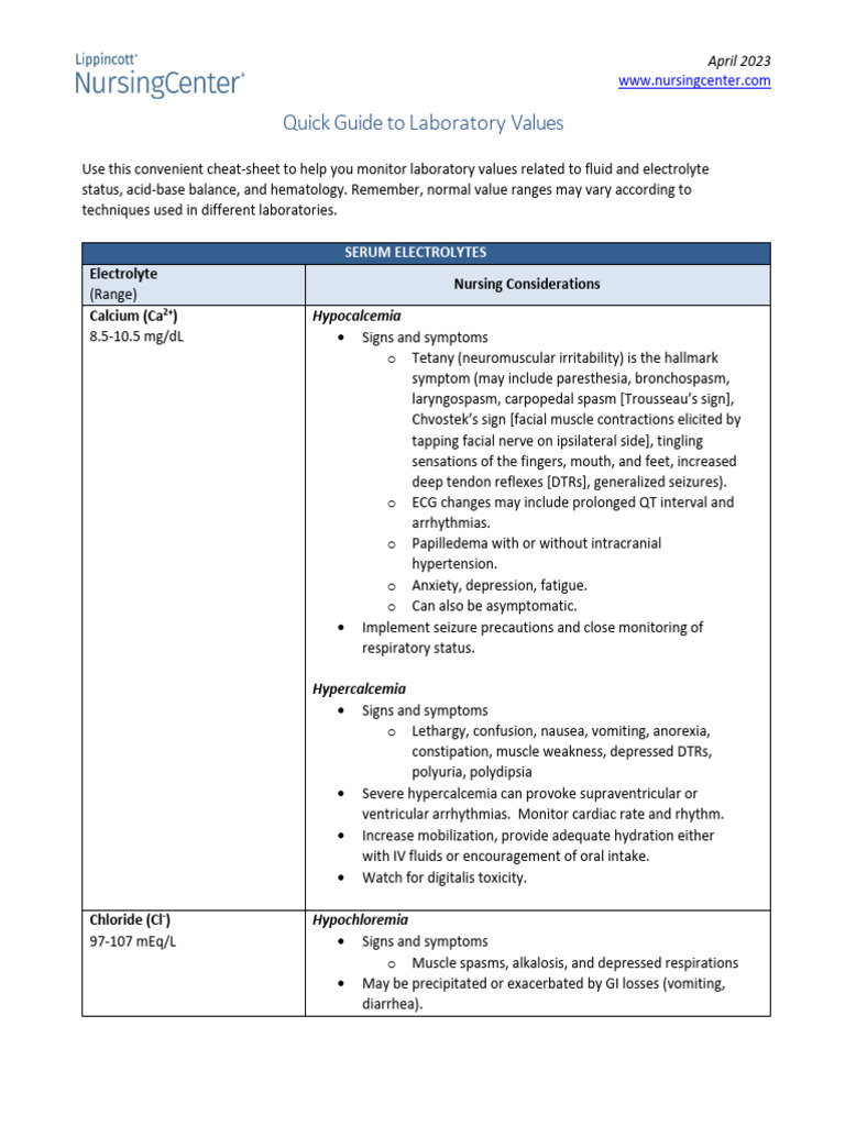 Quick Guide To Laboratory Values | PDF | Coagulation | Anemia