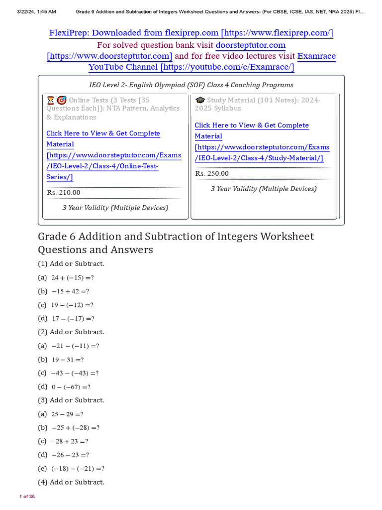 Grade 6 Integer Addition & Subtraction Worksheet | PDF | Numbers ...