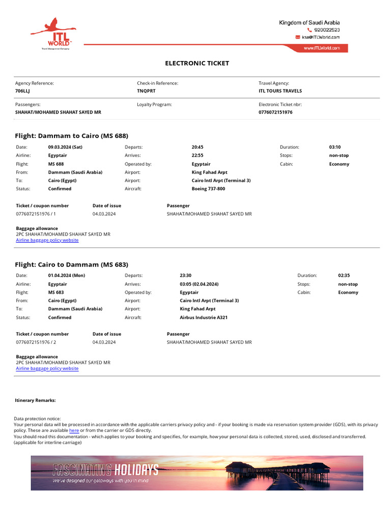 Electronic Ticket For Shahat Mohamed Shahat Sayed MR Departure Date 09 ...