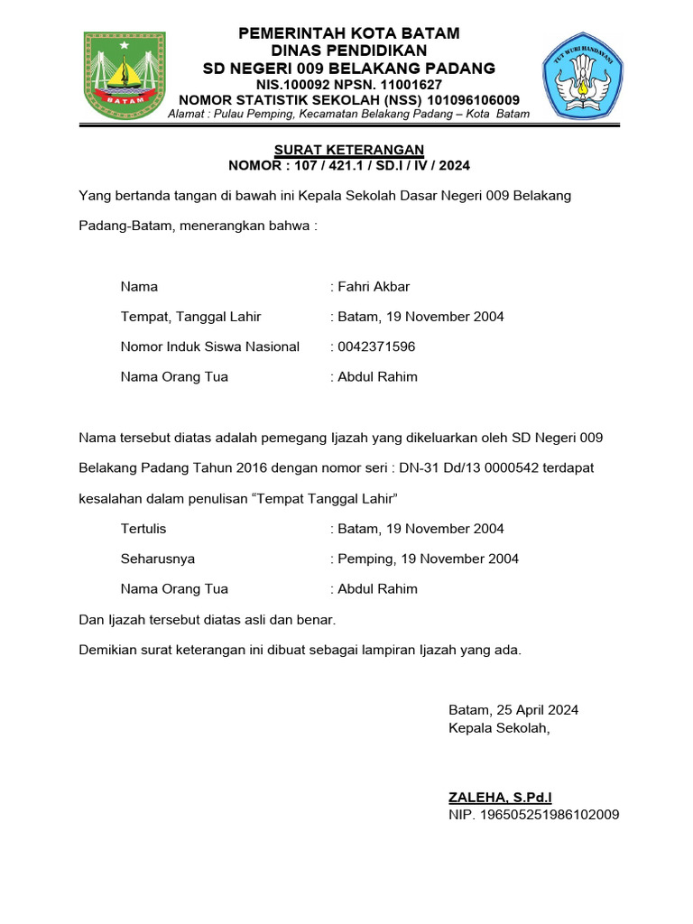 Surat Keterangan Kesalahan Penulisan Nama | PDF