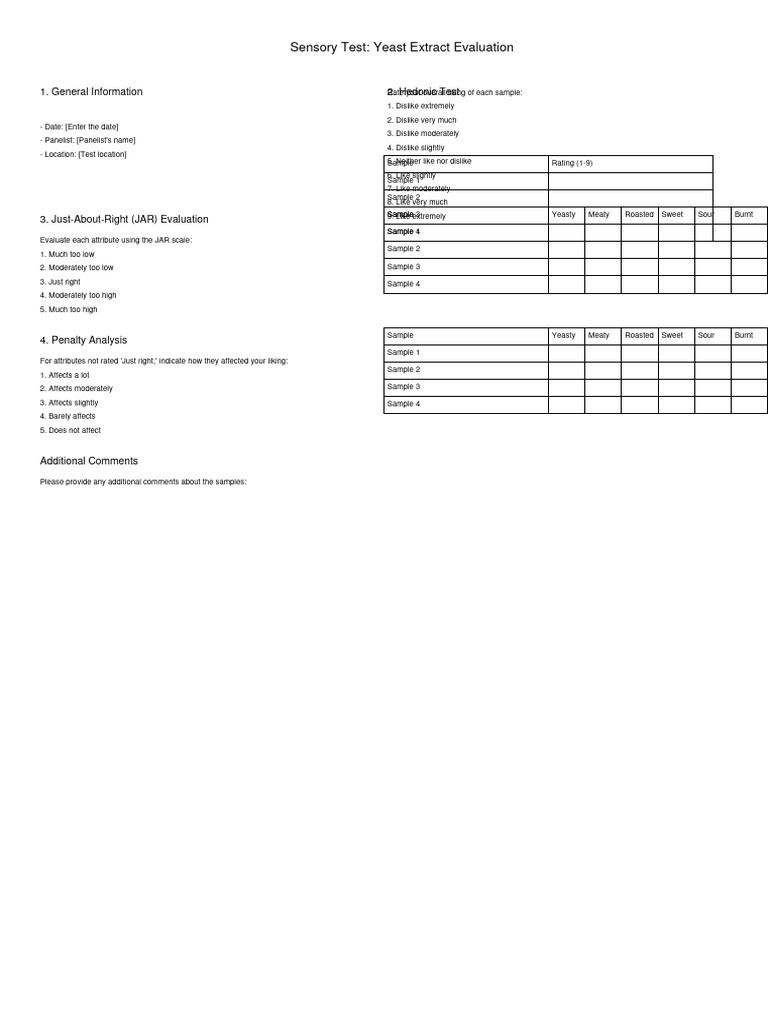 Sensory Test Template Aligned and Smaller Font | PDF