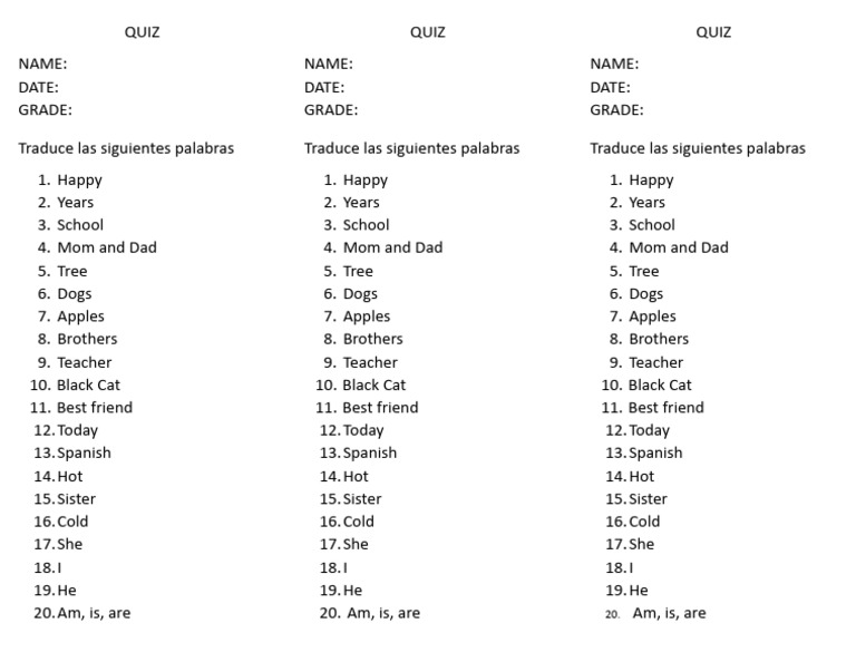 Spanish Vocabulary Translation Quiz | PDF | Language Arts & Discipline