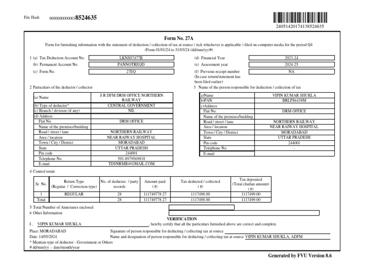 Tax Deduction Form 27A Q4 2024 | PDF | Taxation | Payments