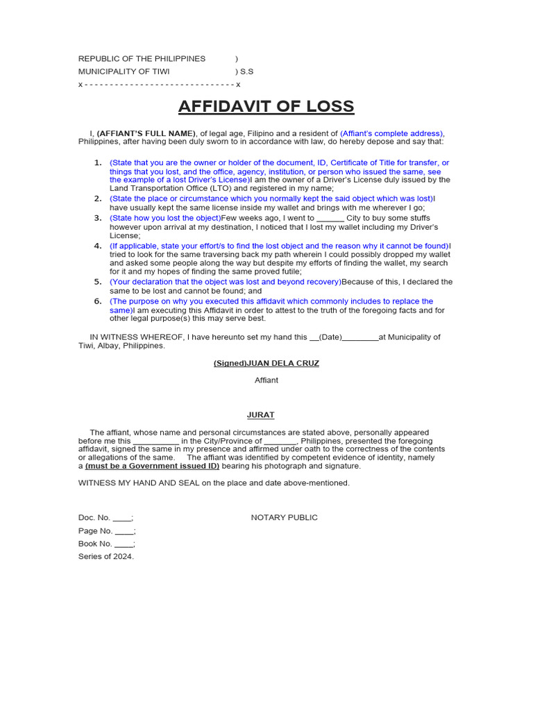 Affidavit of Loss - Sample | PDF | Affidavit | Civil Law (Common Law)