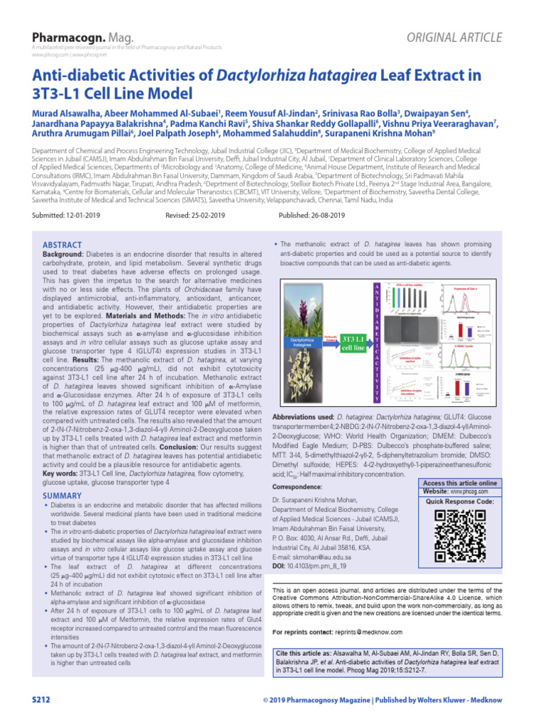 Anti-Diabetic Activities of Dactylorhiza Hatagirea Leaf Extract in 3T3 ...