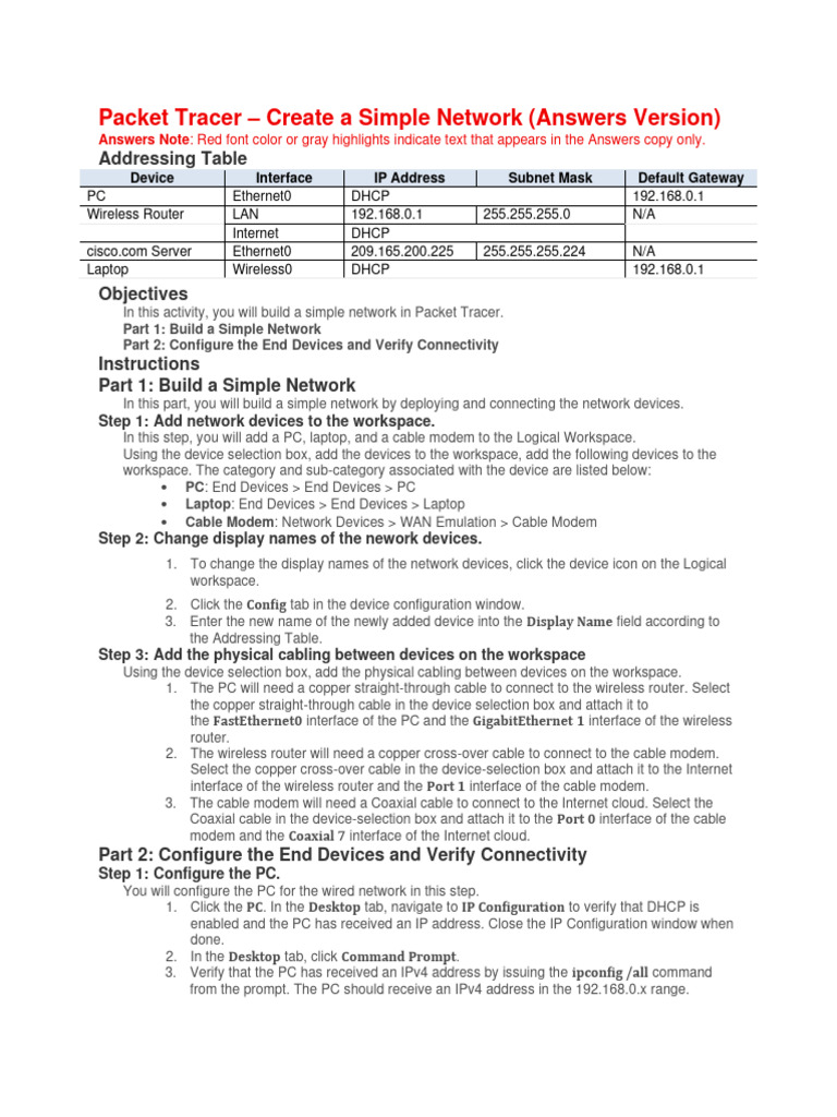 Packet Tracer - Create A Simple Network (Answers Version) | Download Free PDF | Computer Network ...