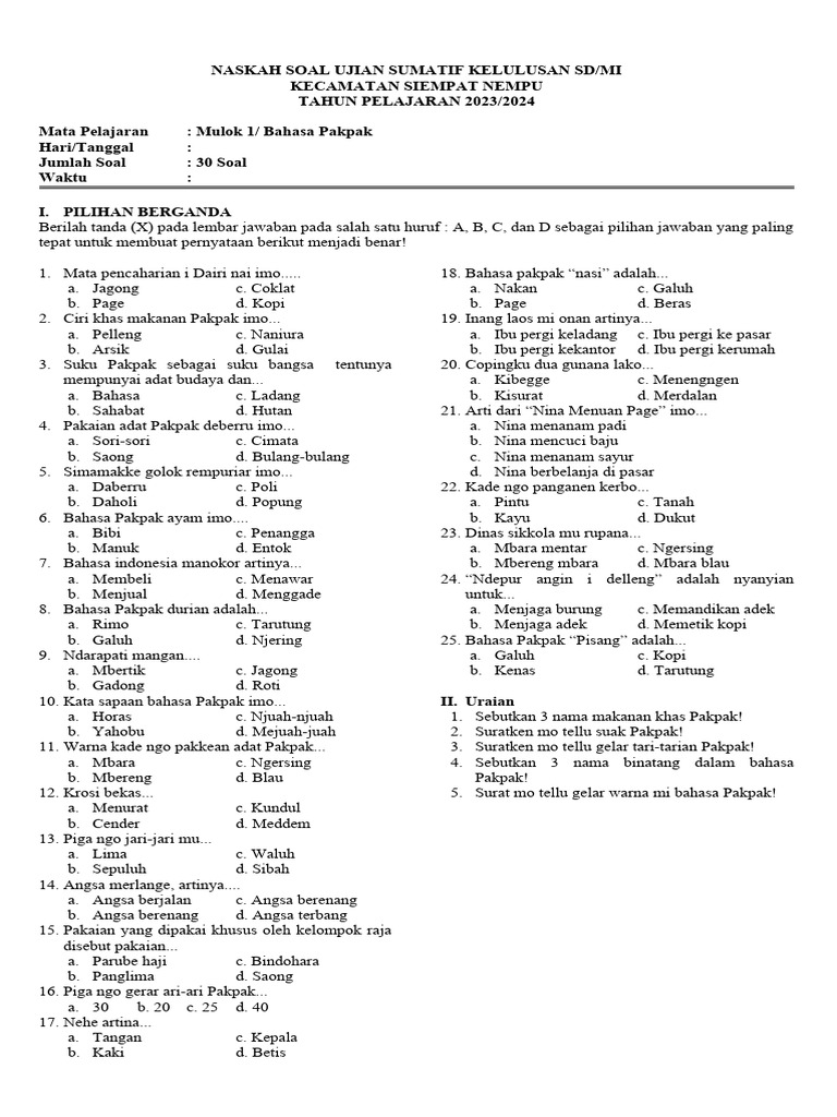 NASKAH SOAL UJIAN SUMATIF KELULUSAN SD Bahasa Pakpak Kelas 6 | PDF