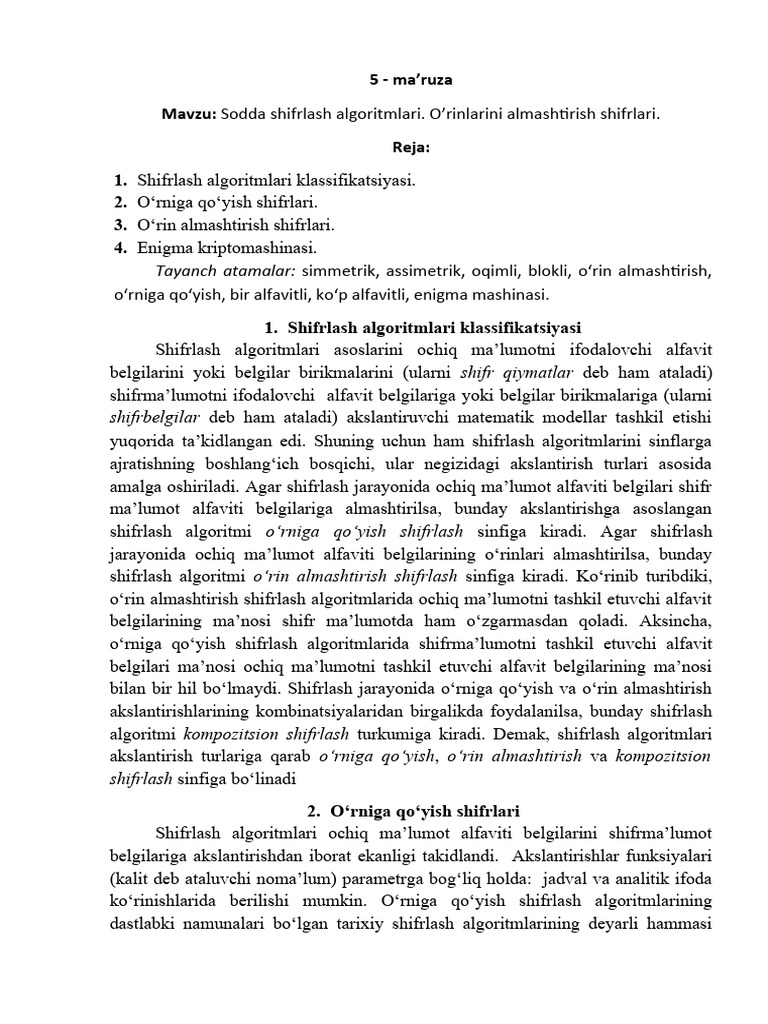 Sodda Shifrlash Algoritmlari | PDF