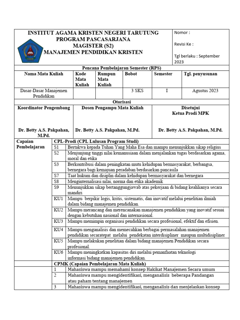 Silabus Dasar-Dasar Manajemen Pendidikan S2 | PDF