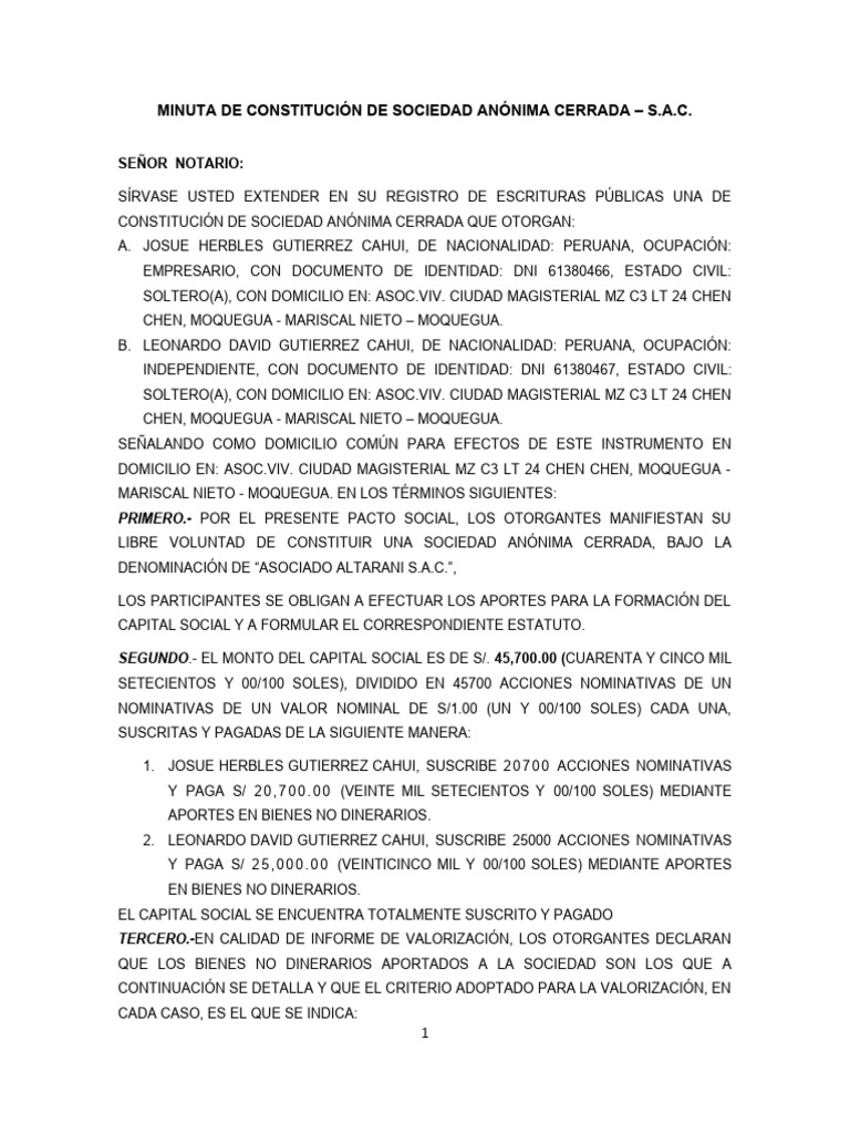 Formato de Minuta SAC Sin Directorio Aporte Bienes | PDF | Sociedad de responsabilidad limitada ...