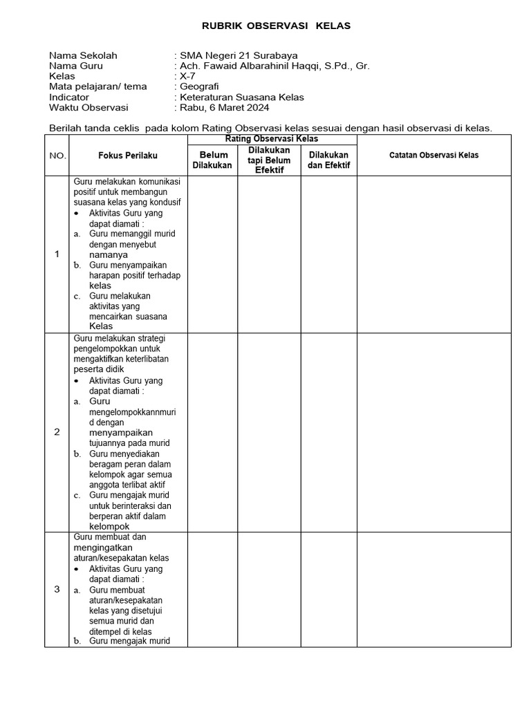 Instrumen Observasi Kelas | PDF