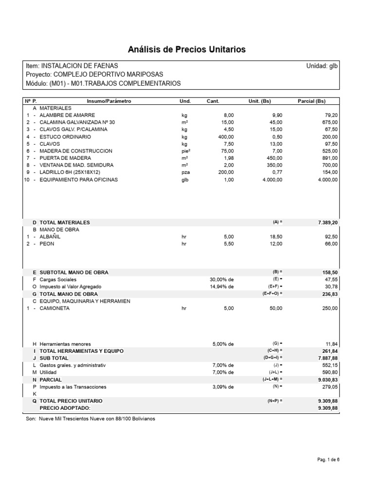 Análisis Precios Unitarios Complejo Deportivo | PDF | Economias | Economía política