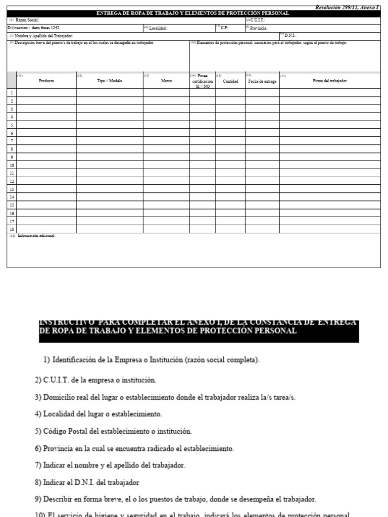 Formulario de Entrega de Ropa de Trabajo | PDF | Seguridad y salud ...