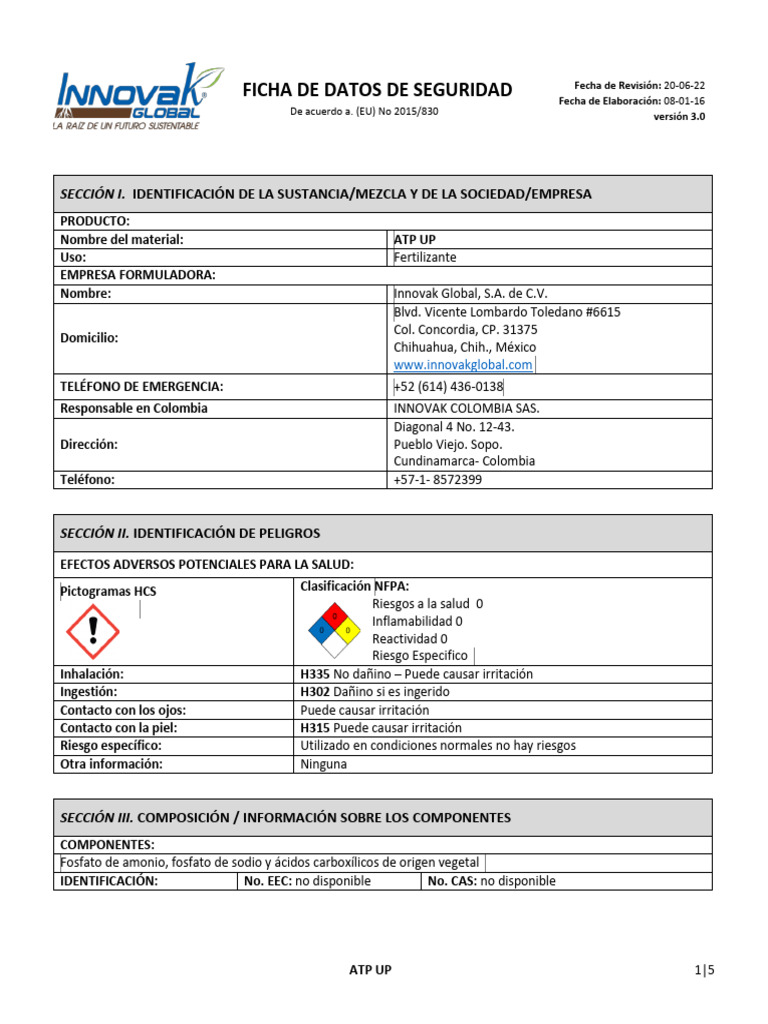 Hoja Seguridad Atp Up | Descargar gratis PDF | Agua | Fertilizante