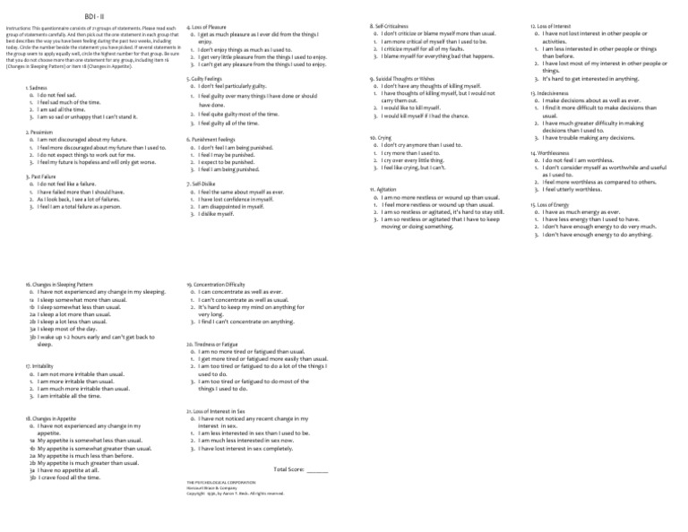 Beck's Depression Inventory (BDI-II) | PDF | Psychology