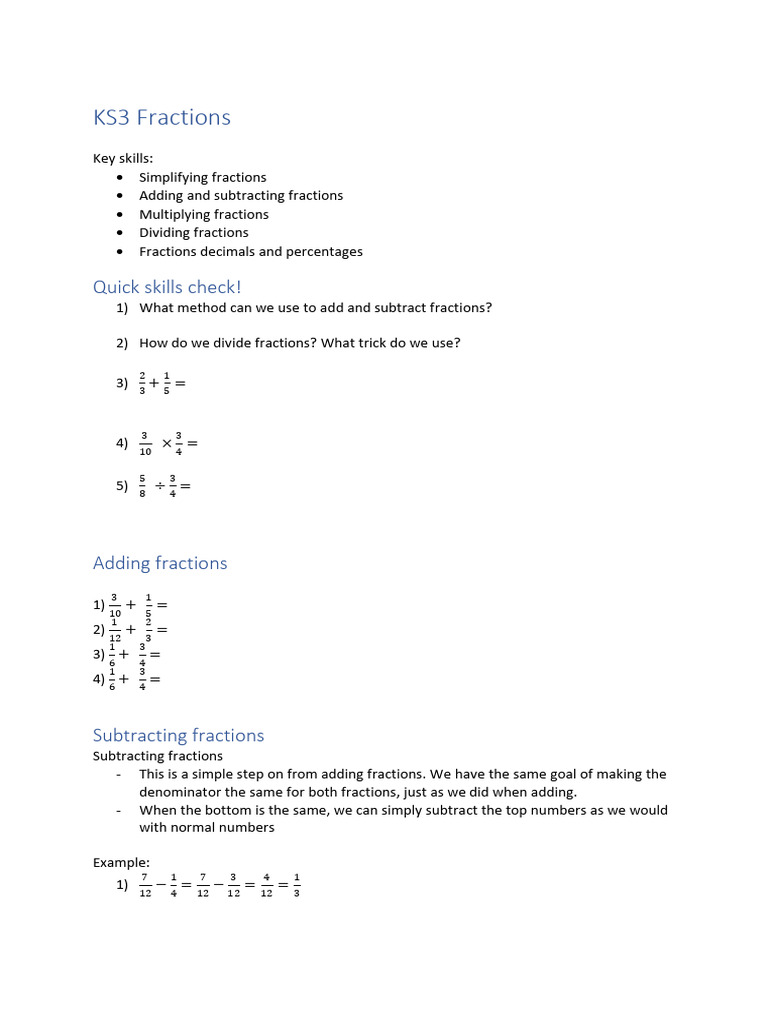 KS3 Fractions | PDF | Career & Growth | Teaching Methods & Materials