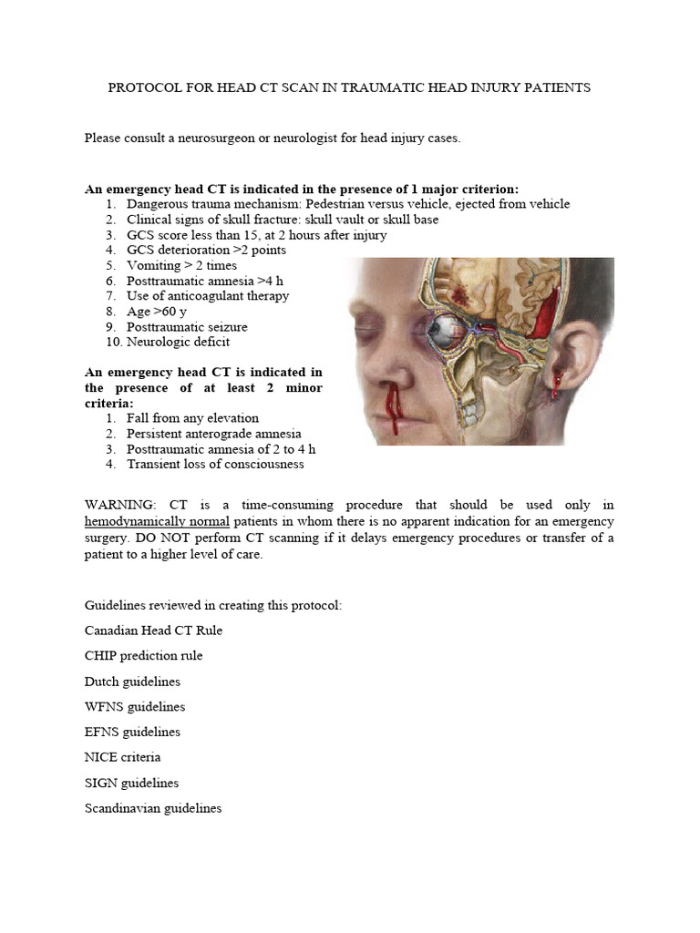 Protocol For Head CT Scan in Traumatic Head Injury Patients | PDF