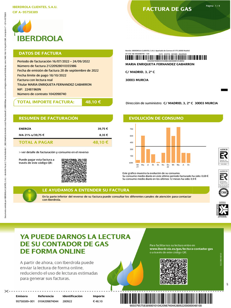 Factura Gas Iberdrola Septiembre 2022 | PDF | Factura