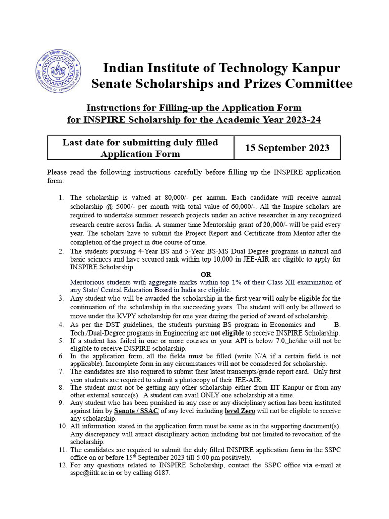 Application Form For INSPIRE Scholarship 2023 | PDF