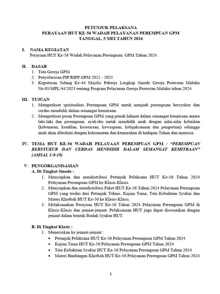 Petunjuk Teknis HUT Perempuan GPM Tahun 2024 | PDF