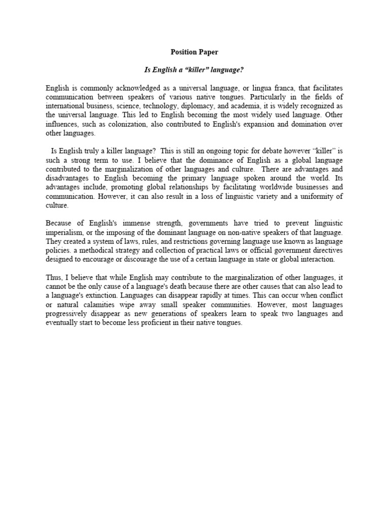 Is English A Killer Language-Position Paper | PDF Is English A Killer Language-Position Paper | PDF