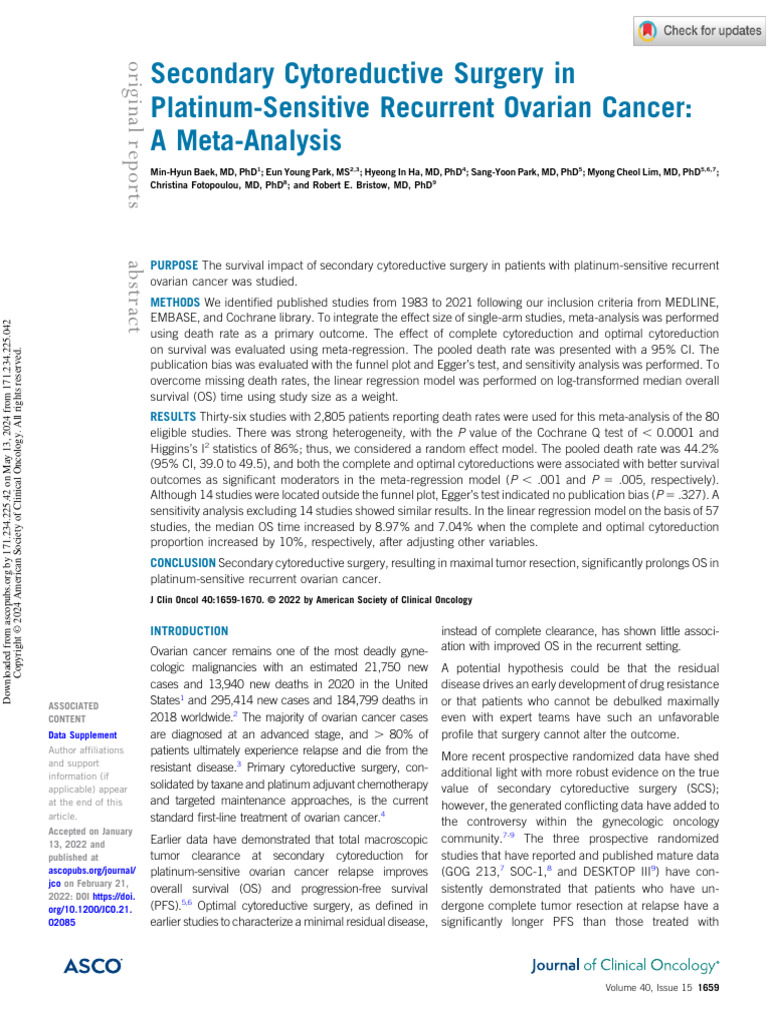 Baek Et Al 2022 Secondary Cytoreductive Surgery in Platinum Sensitive ...