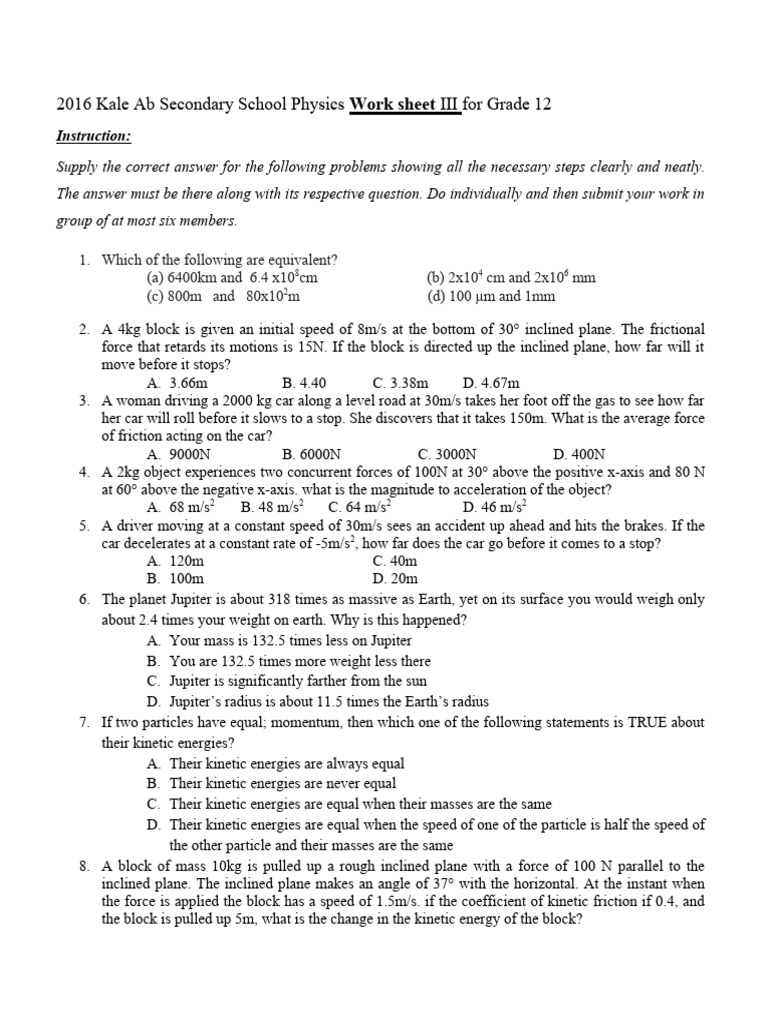 Physics Worksheet Three For G12 | PDF | Force | Kinetic Energy