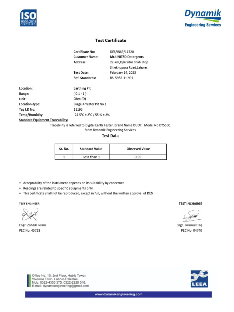 Earthing Pit Certificate ...... | PDF | Technology & Engineering