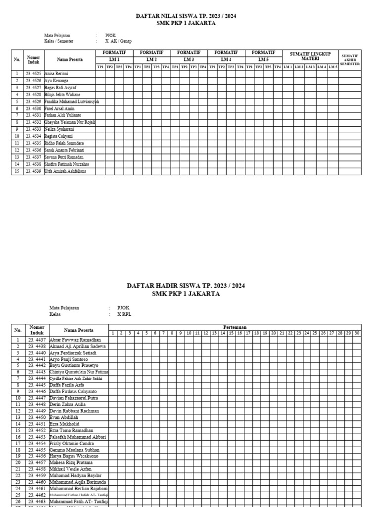 Daftar Hadir Dan Nilai | PDF