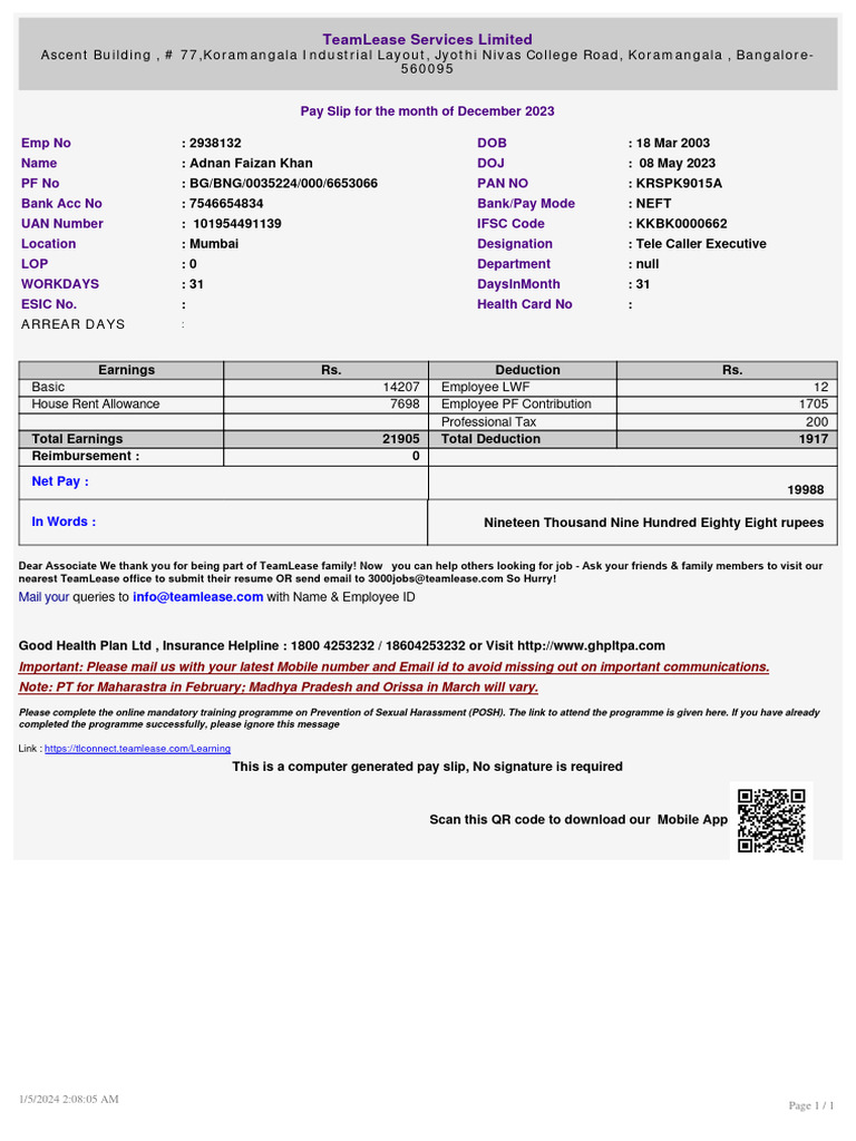 December 2023 Pay Slip for Adnan Khan | PDF