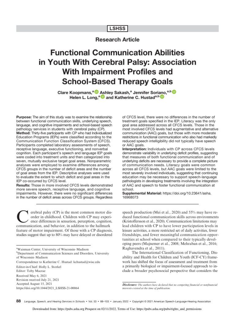 Functional Communication Abilities in Youth With Cerebral Palsy ...