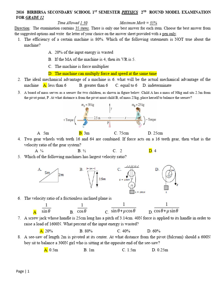 G12 Physics Model Exam | PDF | Force | Acceleration
