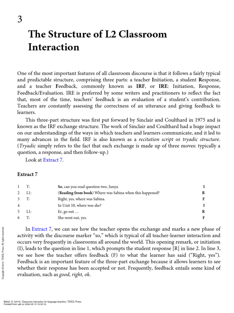 Classroom Interaction For Language Teachers - (3 The Structure of L2 Classroom Interaction ...
