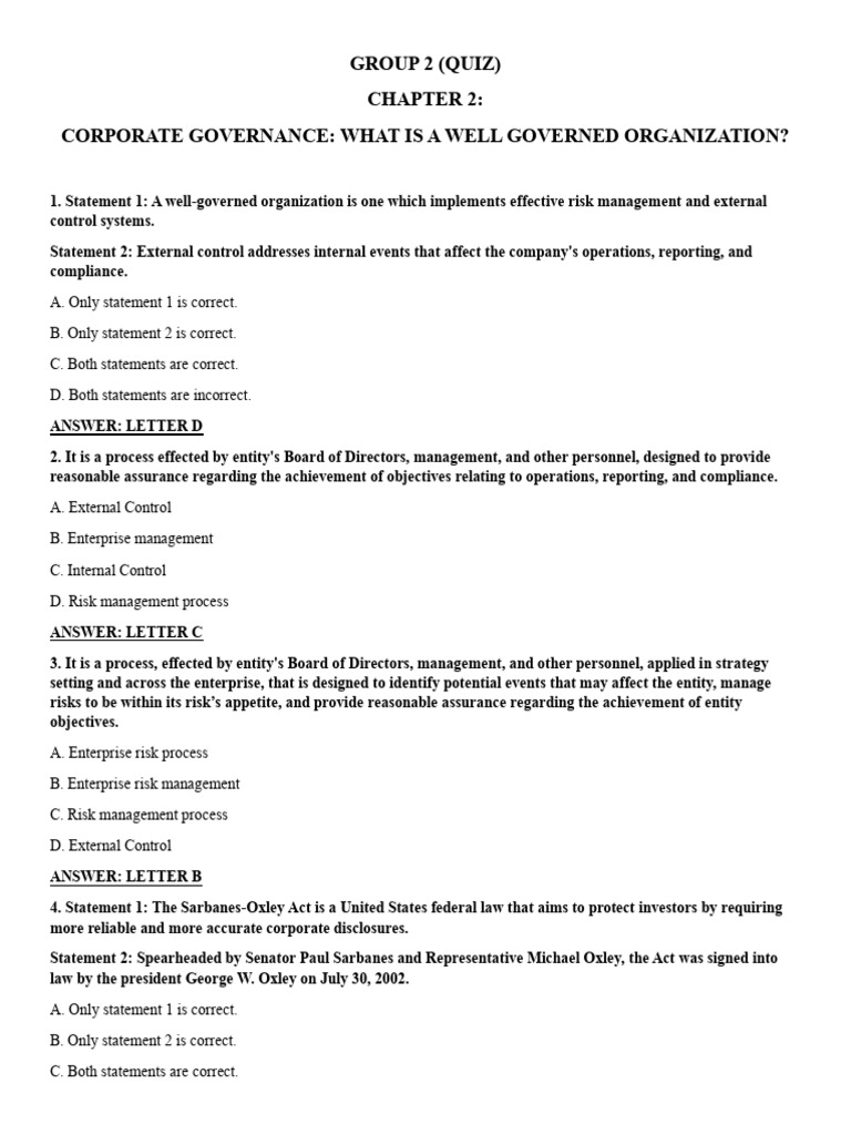 Quiz Governance | PDF | Corporate Governance | Sarbanes–Oxley Act