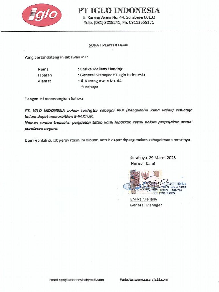 Surat Pernyataan Non PKP Pt. Iglo Indonesia | PDF
