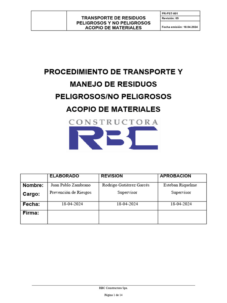 Procedimiento Transporte, Manejo de Residuos Peligrosos y No Peligrosos .. | PDF | Residuos ...