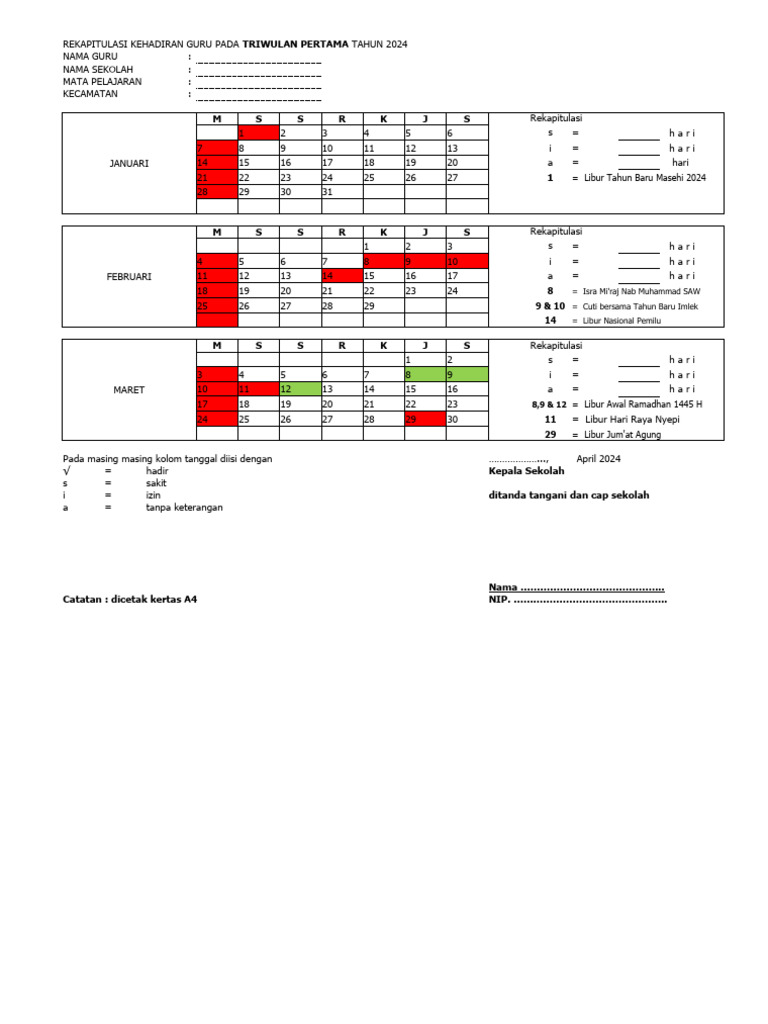 Revisi Rekap Absen Guru Tamsil TW I Tahun 2024 | PDF