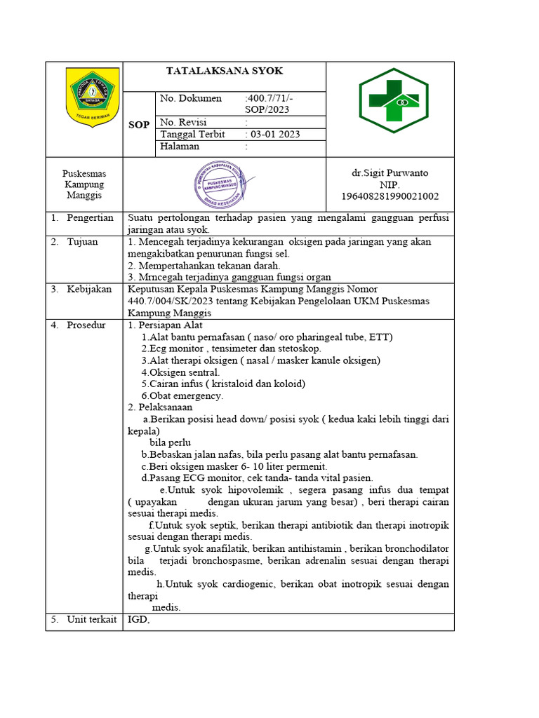 Sop Tatalaksana Syok. | PDF