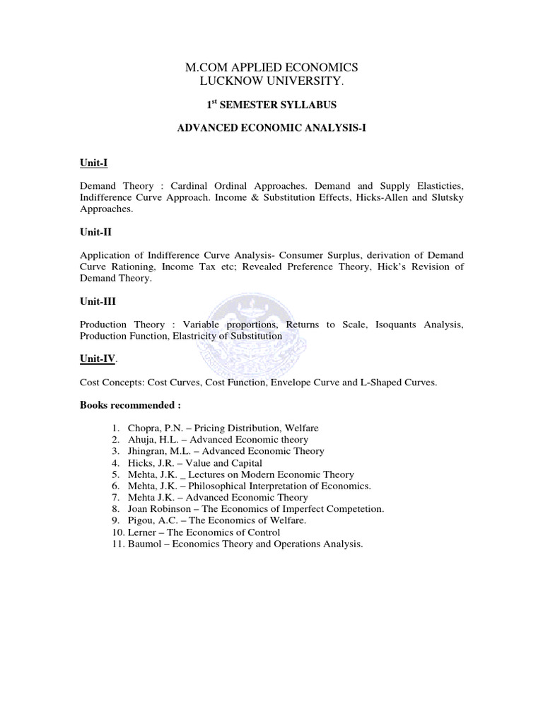 Mcom Applied Economics Syllabus of The Lucknow University | PDF | Statistics | Economics