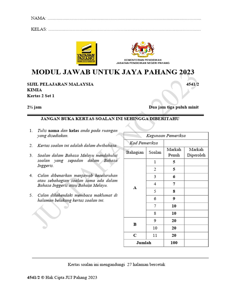 Modul Jawab Kimia JUJ Pahang 2023 | PDF